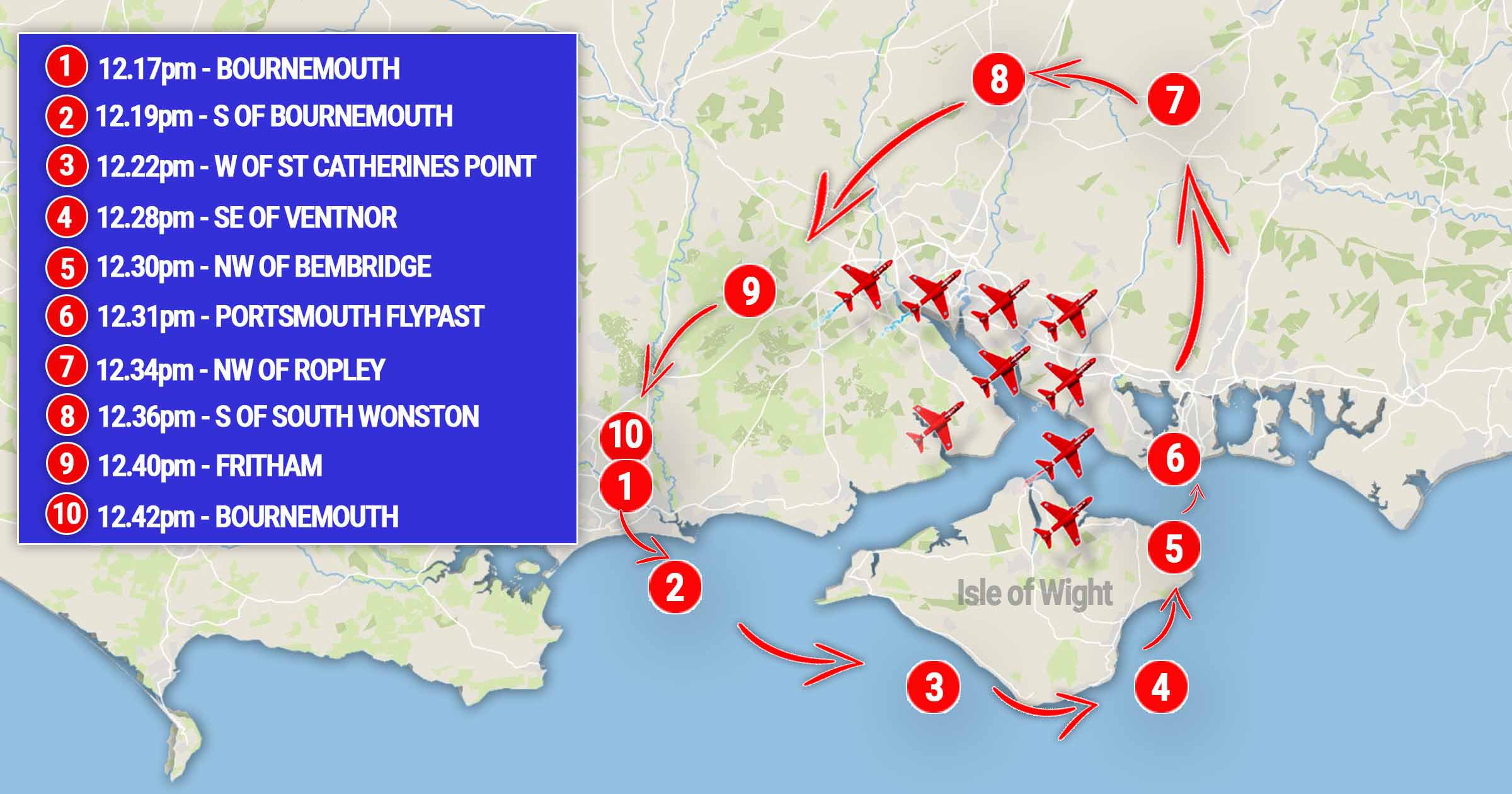 A map displays the Red Arrows flypast path for the 80th anniversary of ...
